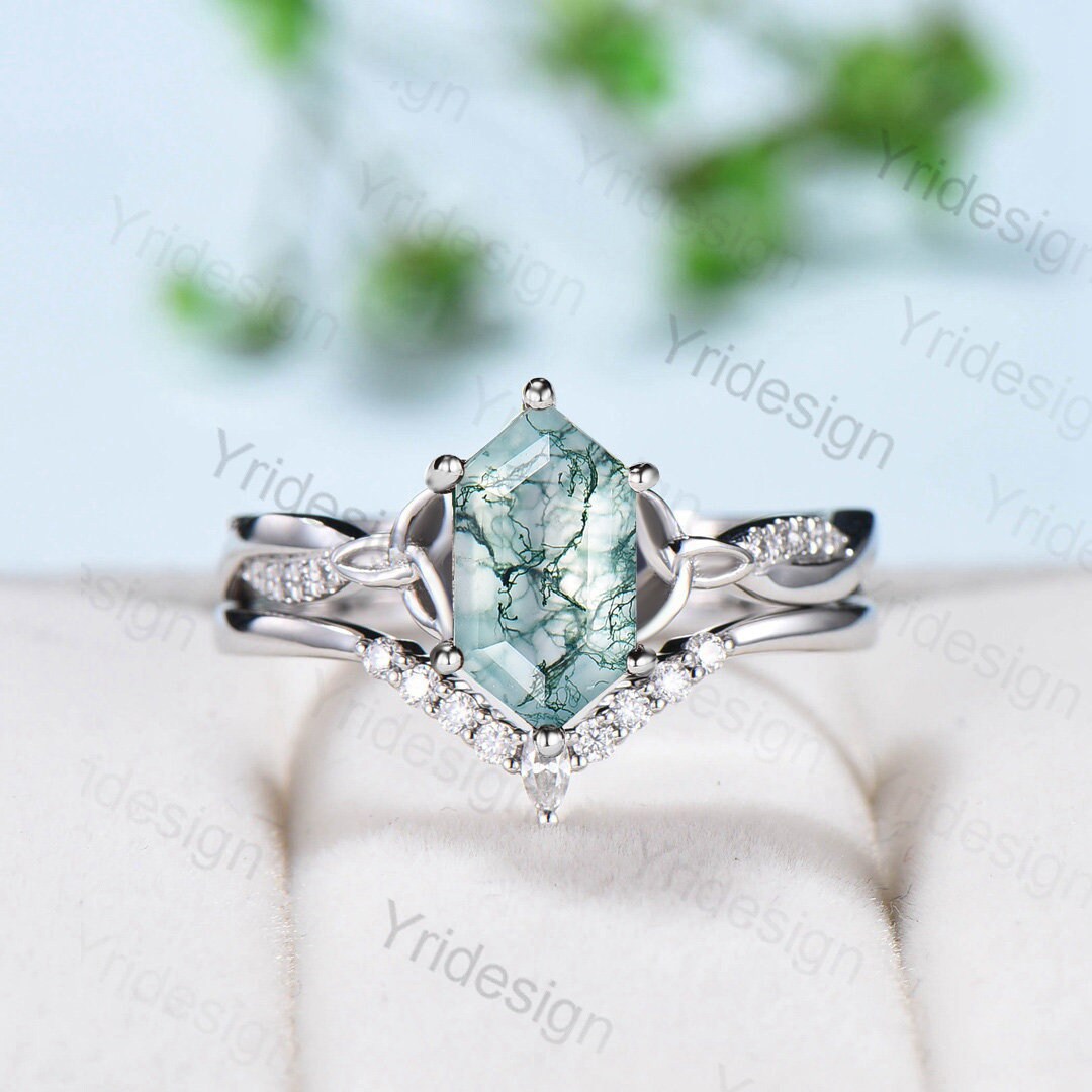 Norse Viking Long Hexagon Moss Agate Engagement Ring Set 3/4 - Etsy