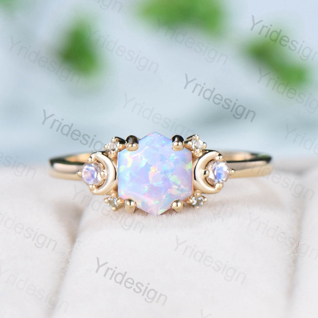 Vintage Moon Opal Engagement Ring Yellow Gold Unique Hexagon Fire Opal ...