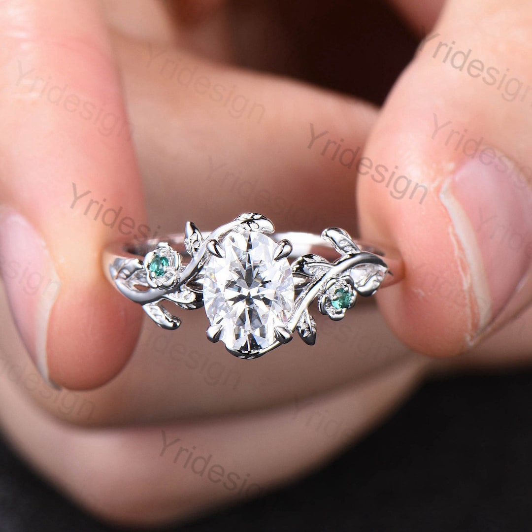 Unique Oval Moissanite Engagement Ring Nature Inspired White Gold ...
