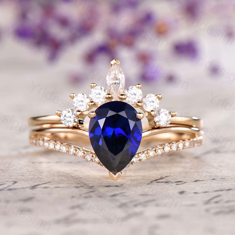 Vintage Sapphire Wedding Set Pear Shaped Sapphire Engagement - Etsy