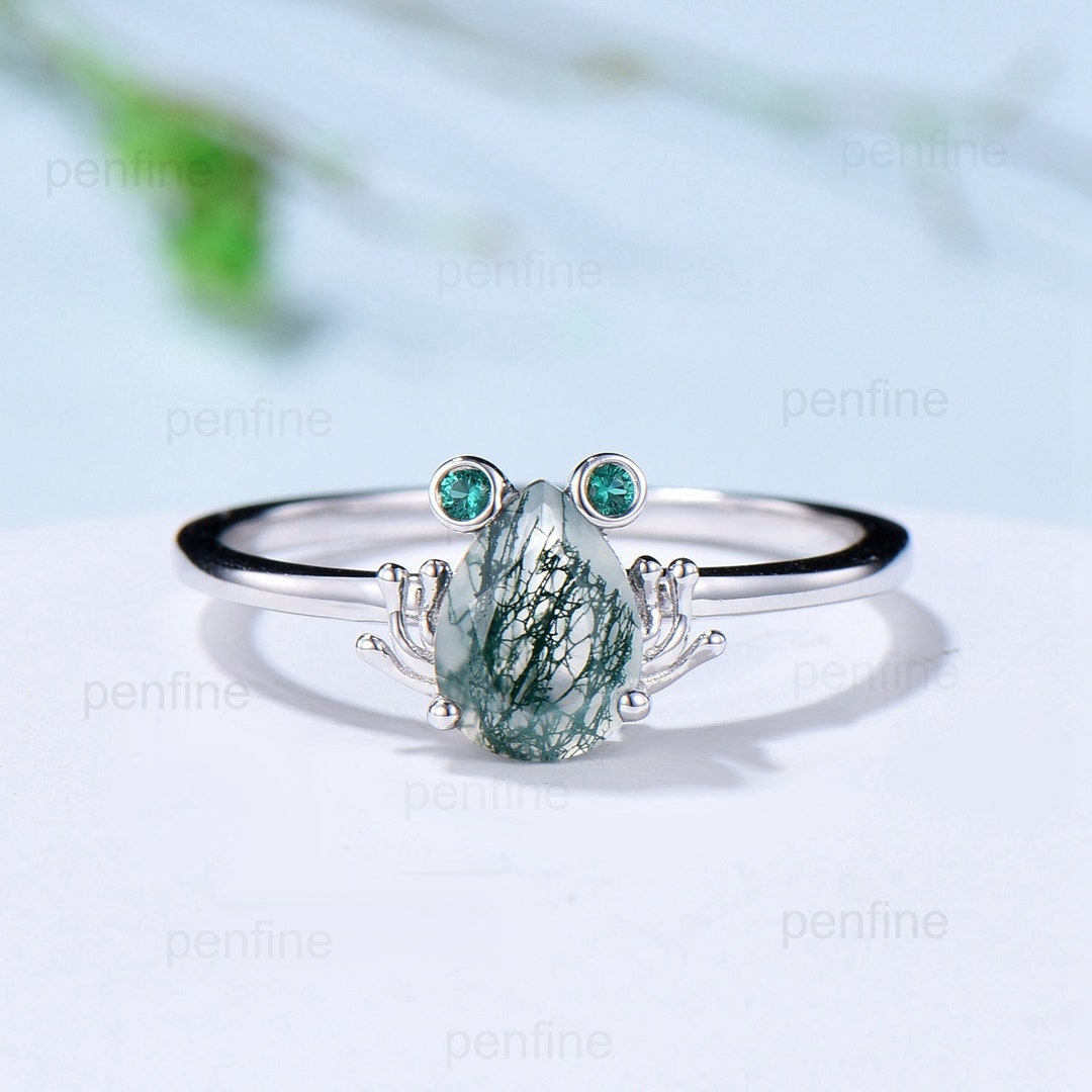 Vintage Frog Moss Agate Engagement Ring Animal Inspired Pear Shaped ...