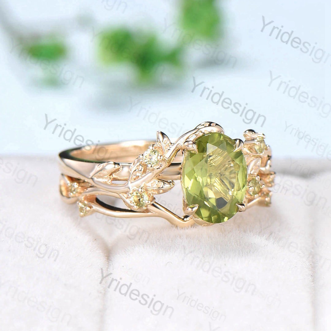 Vintage Peridot Wedding Ring Set Leaf Twig Engagement Ring Set Art Deco Natural Inspired White ...