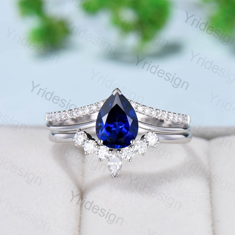 Vintage Sapphire Wedding Set Pear Shaped Sapphire Engagement - Etsy