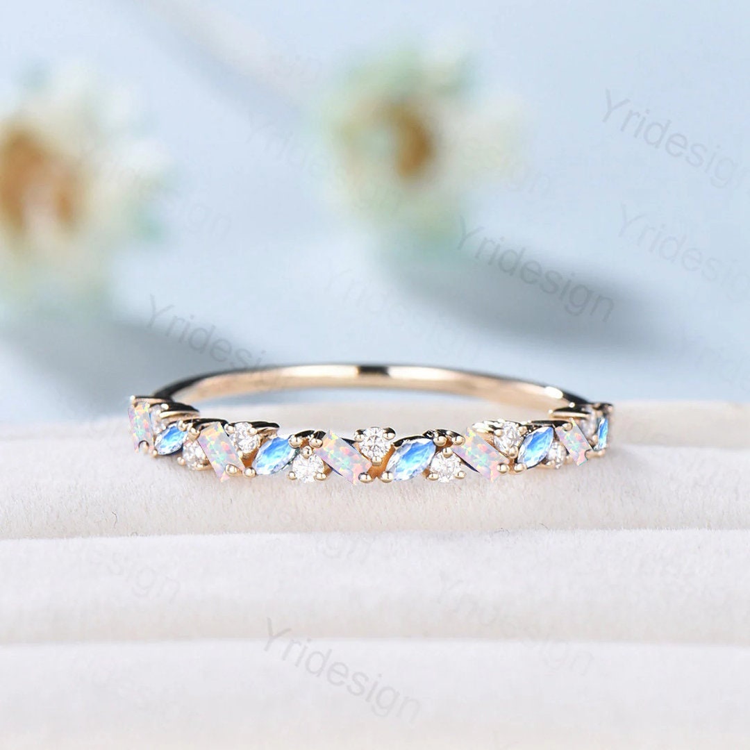 Vintage Opal Moonstone Eternity Wedding Band Women Unique Baguette ...