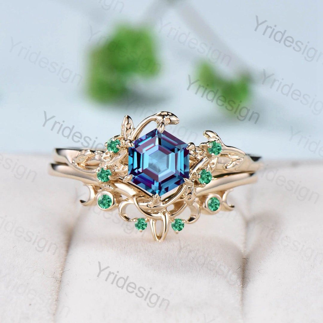 Elegant Hexagon Cut Alexandrite Wedding Ring Set Nature Inspired Leaf ...