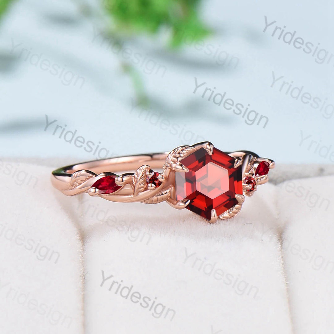 Vintage Leaf Garnet Ring for Women Unique January Birthstone Engagement Ring Retro Natural ...