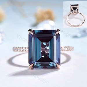 6CT Emerald Cut Alexandrite Ring, 14K Rose Gold Hidden Halo Moissanite ...