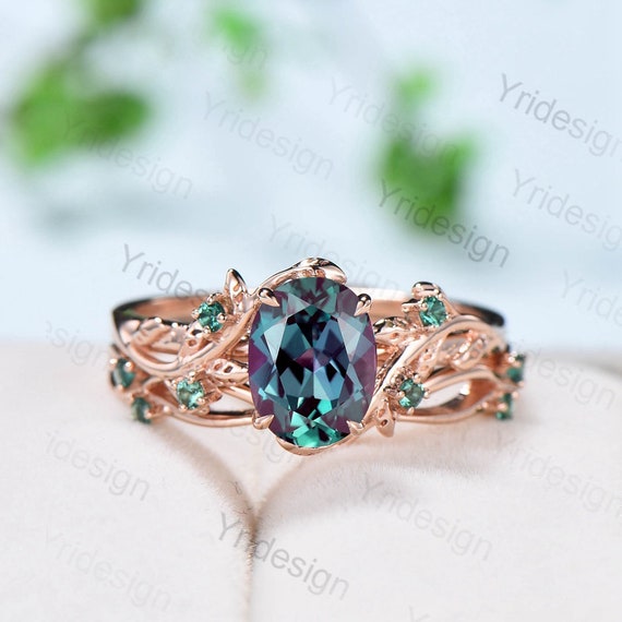 Nature Inspired Leaf alexandrite ring set color changing twig engagement ring cluster emerald leaves wedding ring set for women Branch ring