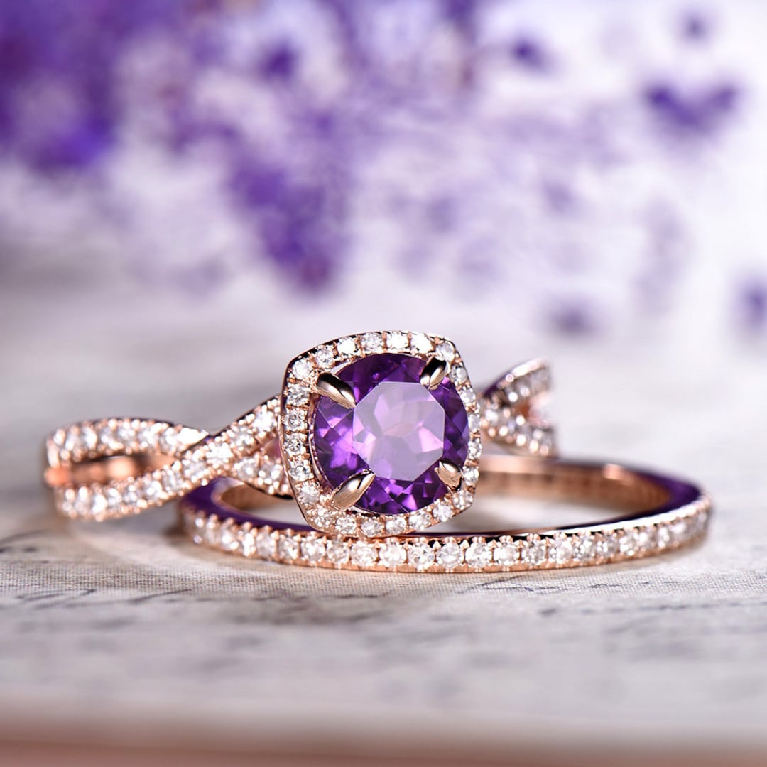 Amethyst Engagement Ring Set, 14k Rose Gold, Pave Diamond Wedding Band - Etsy