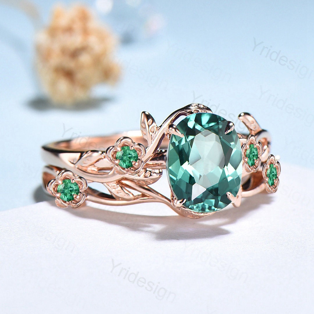 Nature Inspired Flower Green Sapphire Ring Unique Wedding Ring Set ...