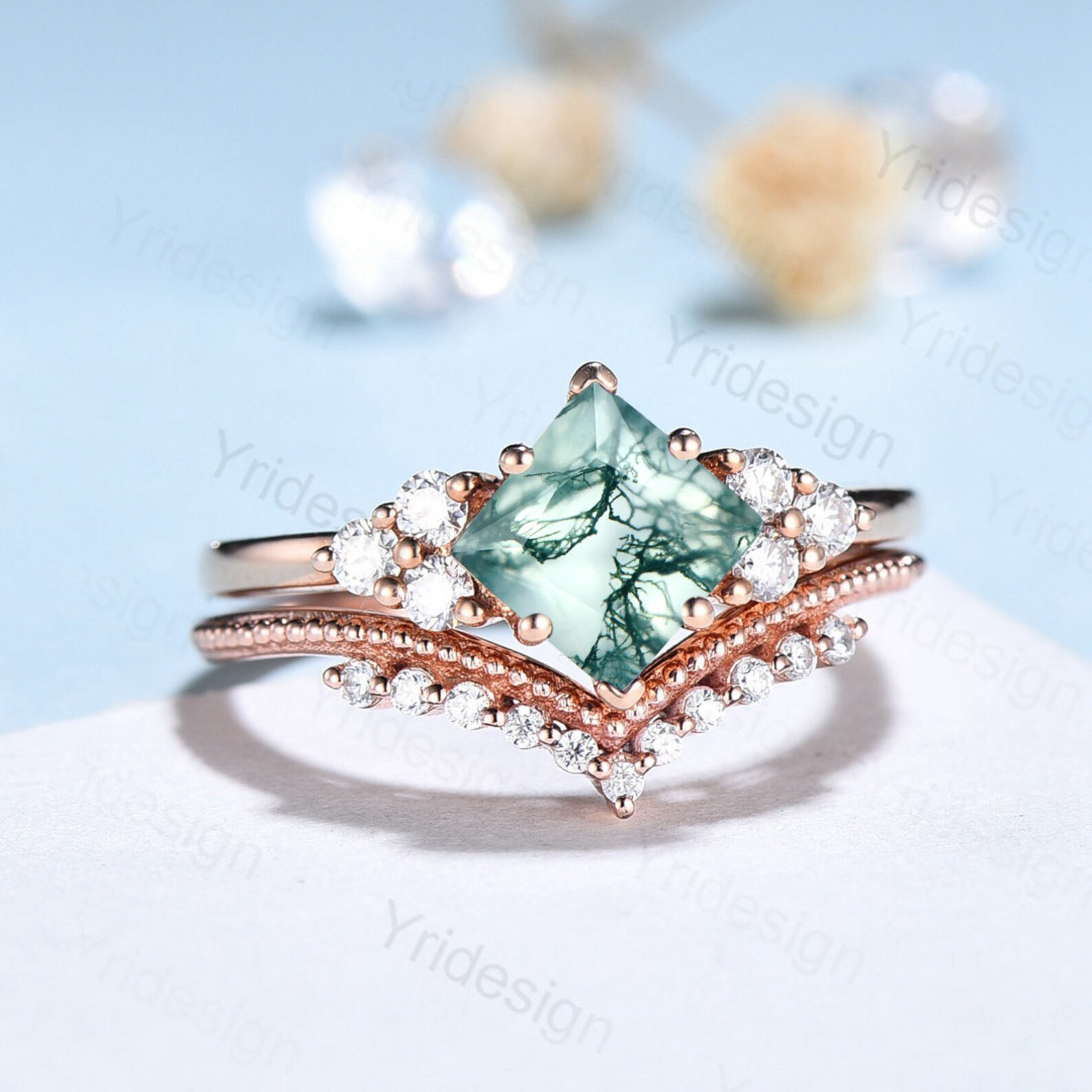 Princess Cut Moss Agate Ring 14K Rose Gold 2CT Vintage Moss - Etsy