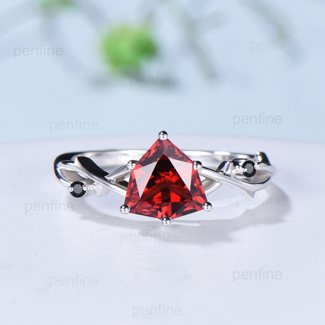 8mm Shield Cut Garnet Engagement Ring Leaf Branch Infinity Engagement ...