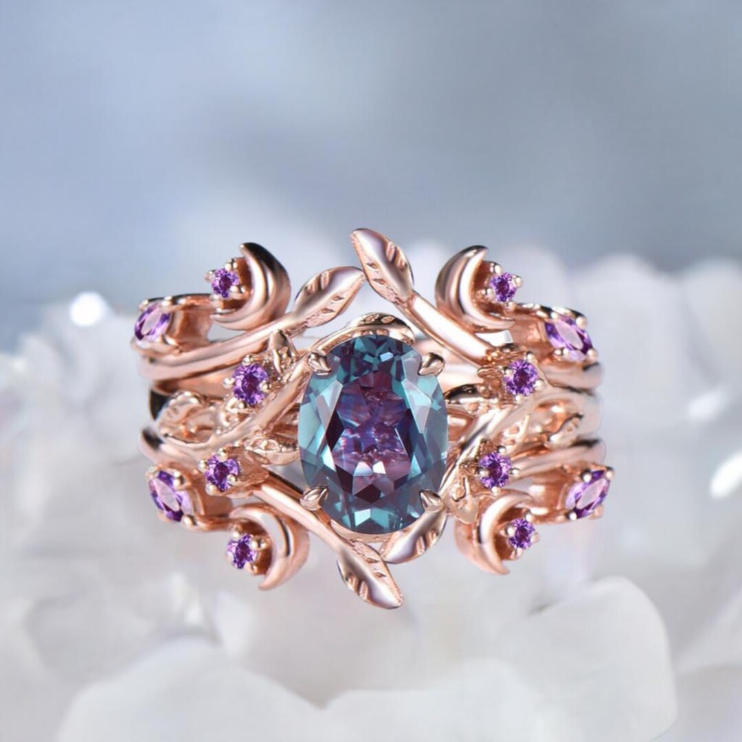 Nature Inspired Alexandrite Wedding Ring Set Cluster Amethyst Color ...