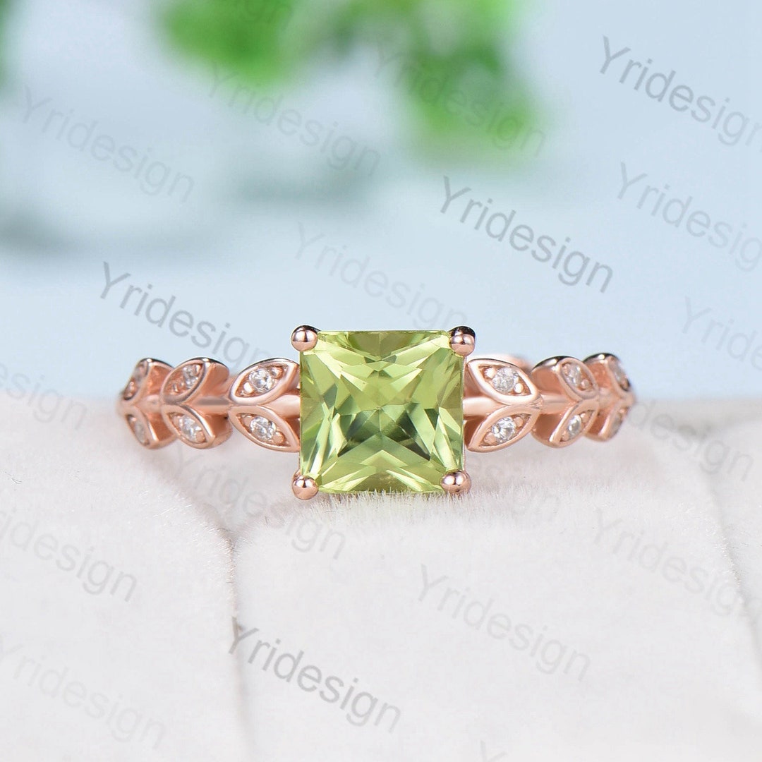 Princess Cut Peridot Engagement Ring Leaf Peridot and Diamond Wedding ...
