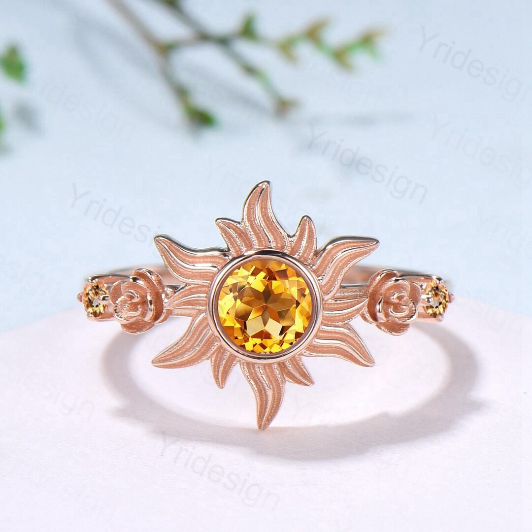 Sunflower Citrine Engagement Ring, Rose Gold Flower Three Stone Ring - Etsy