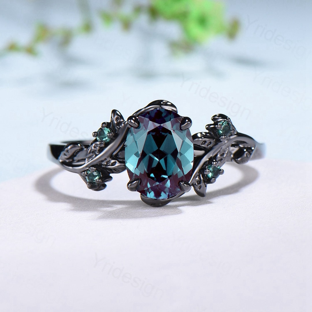 Nature Inspired Alexandrite Engagement Ring Unique Black Gold Color ...