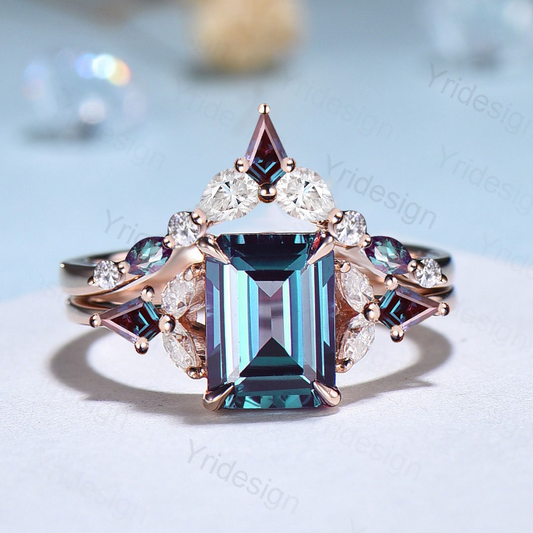 Unique Emerald Cut Alexandrite Engagement Ring Set Rose - Etsy