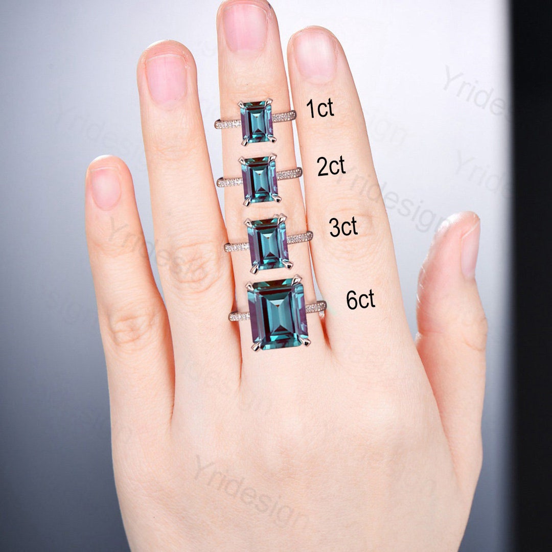 6CT Emerald Cut Alexandrite Ring, 14K Rose Gold Hidden Halo Moissanite ...