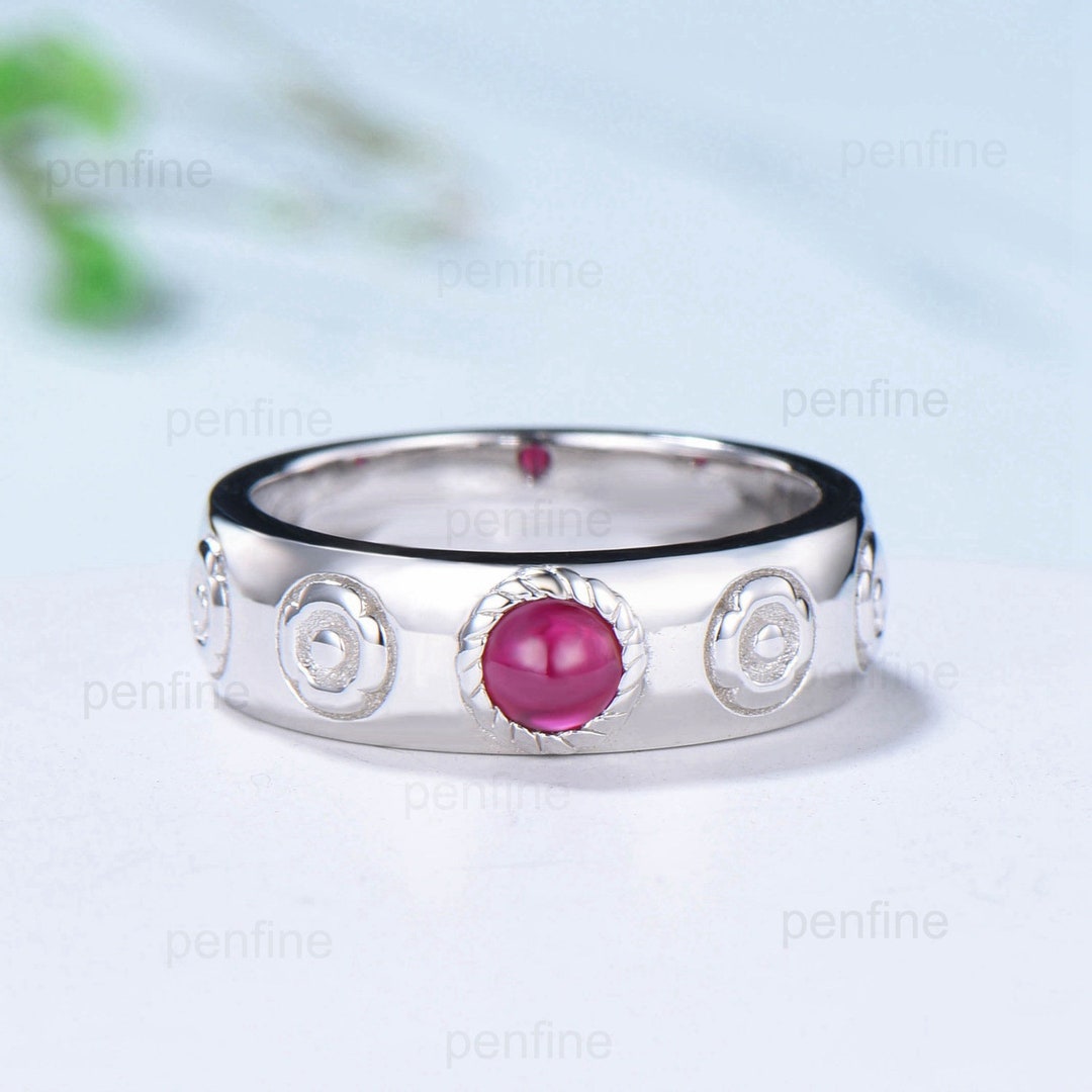 Howls Moving Castle Men's Ring 4mm Round Natural Ruby Wedding Band ...