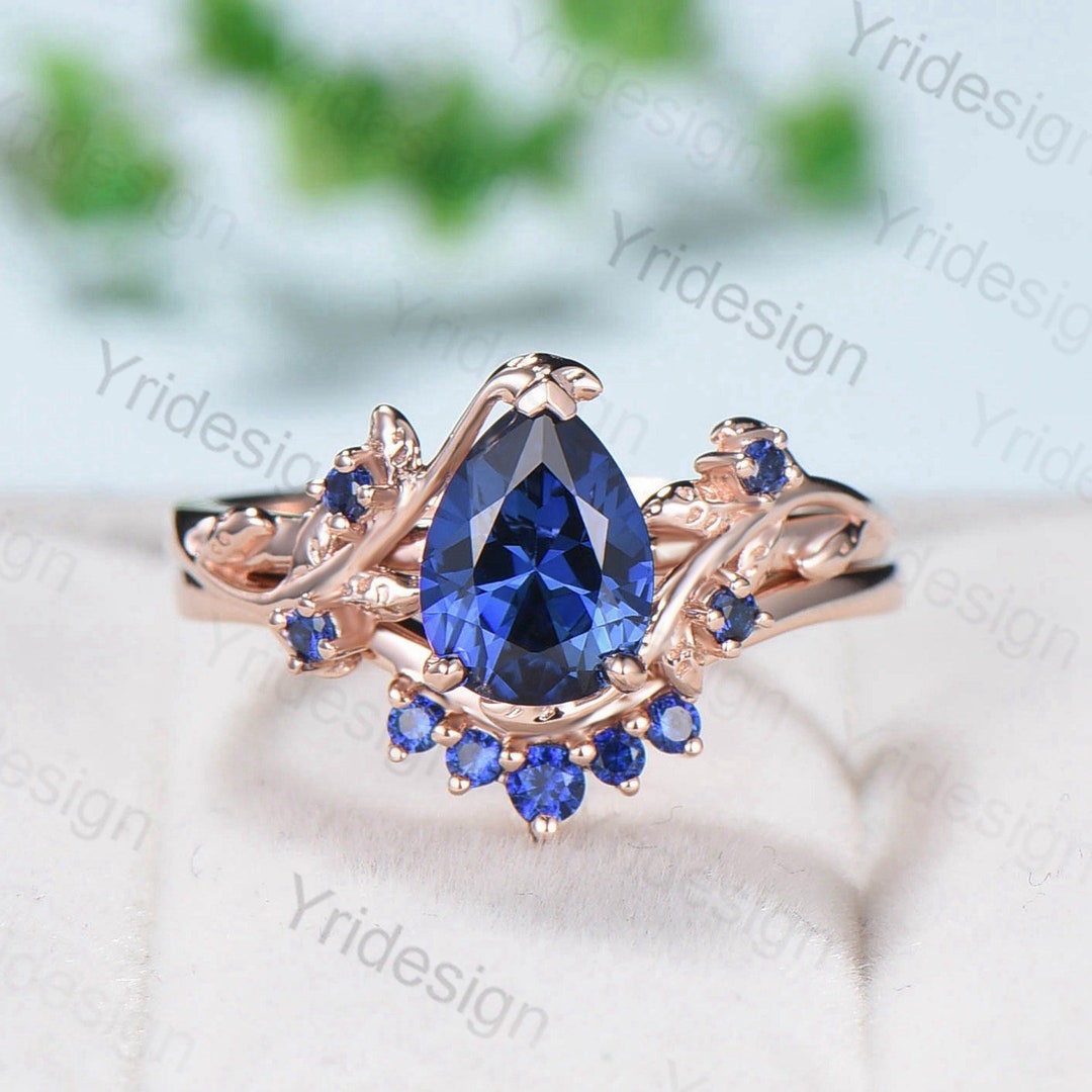 Elegant Pear Shaped Sapphire Wedding Ring Set Vintage Unique Nature ...