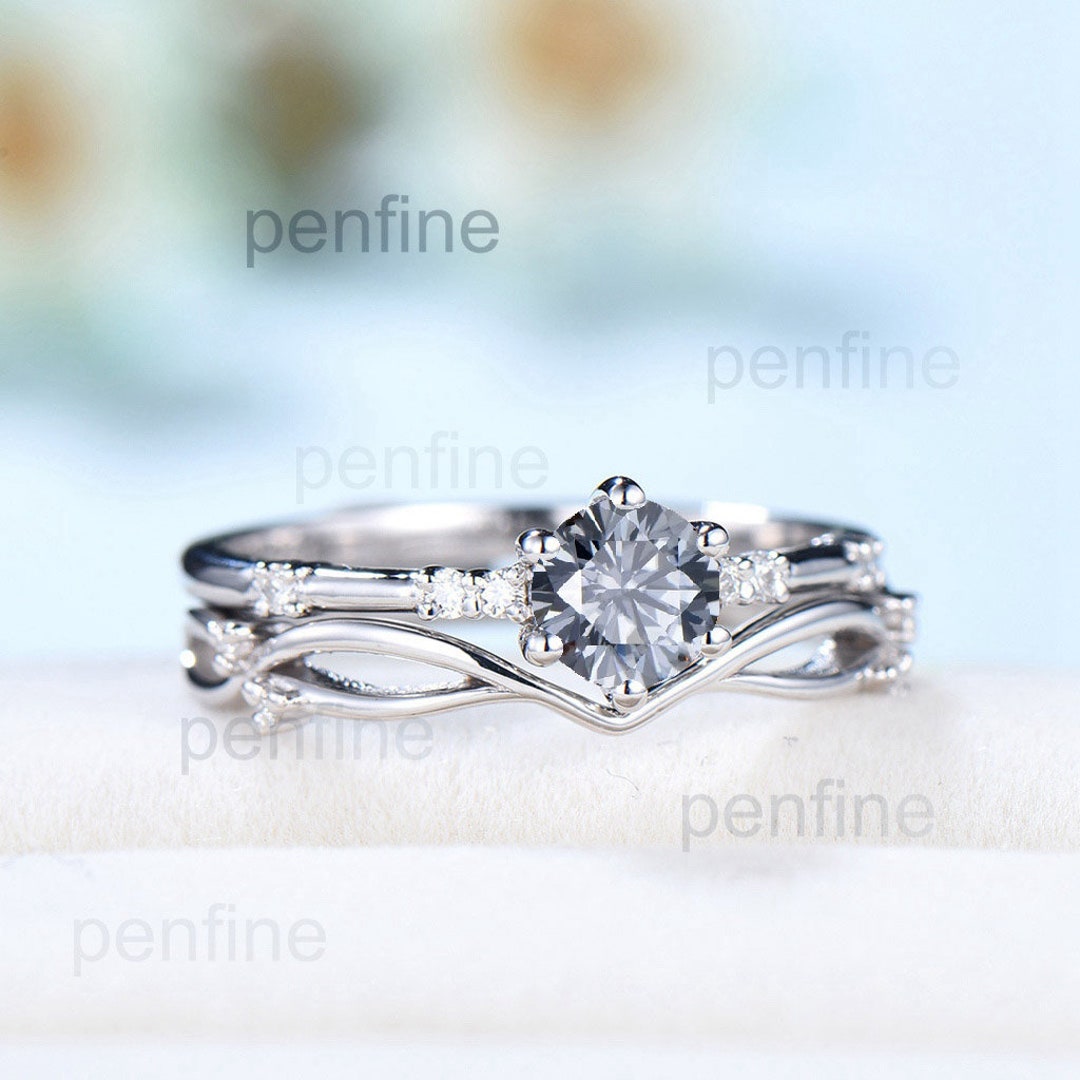 Dainty Gray Moissanite Engagement Ring Set Minimalist Moissanite ...