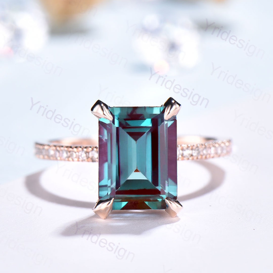 14K/18K Rose Gold Emerald Cut Alexandrite Engagement Ring-antique ...