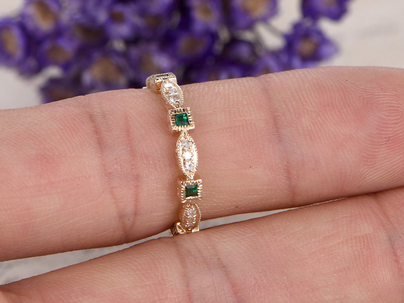 Princess Cut Natural Emerald Diamond Wedding Ring Band 14k - Etsy