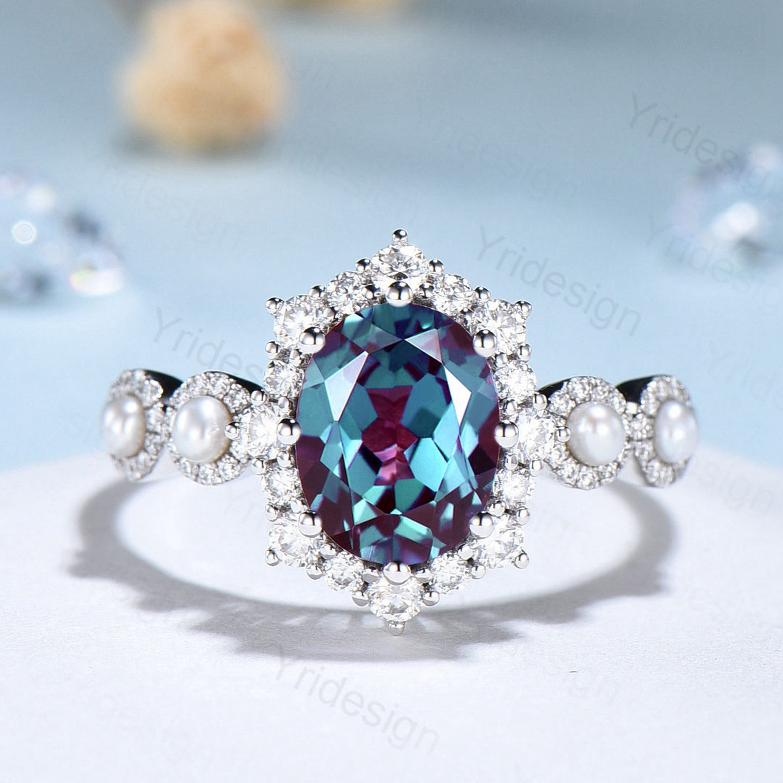 Vintage Alexandrite Engagement Ring-unique Alexandrite Pearl - Etsy