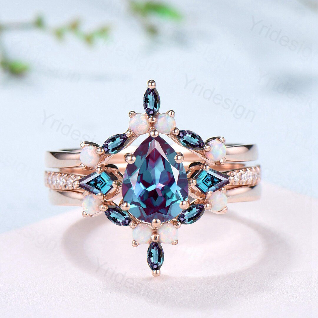 3pcs Vintage Pear Shaped Alexandrite Engagement Ring Set Kite ...