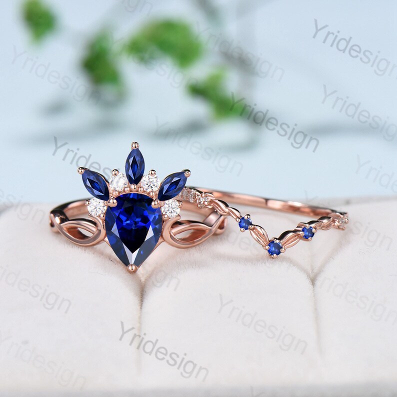 Vintage Pear Shaped Sapphire Wedding Ring Set Rose Gold Unique - Etsy