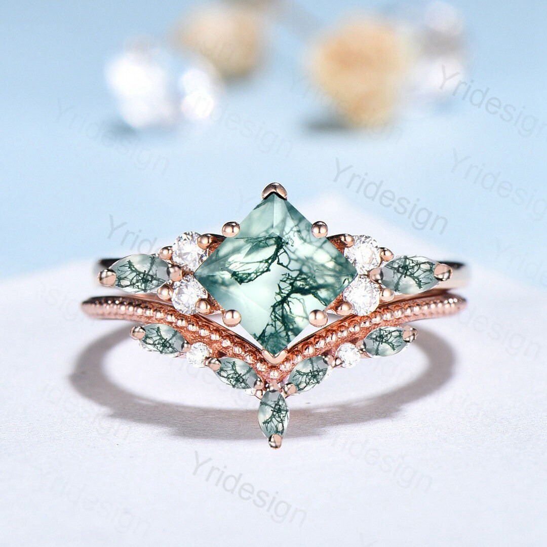 Vintage Princess Cut Moss Agate Engagement Ring Set Silver Rose Gold ...