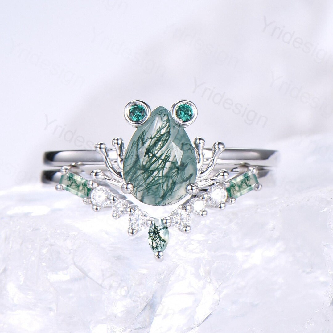 Unique Moss Agate Engagement Ring Set, Frog Animal Inspired Green Agate ...