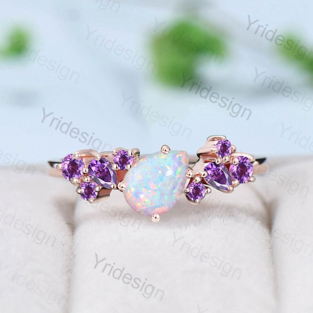 Vintage Opal Amethyst Engagement Ring Alternative Cluster 4x6mm Fire ...