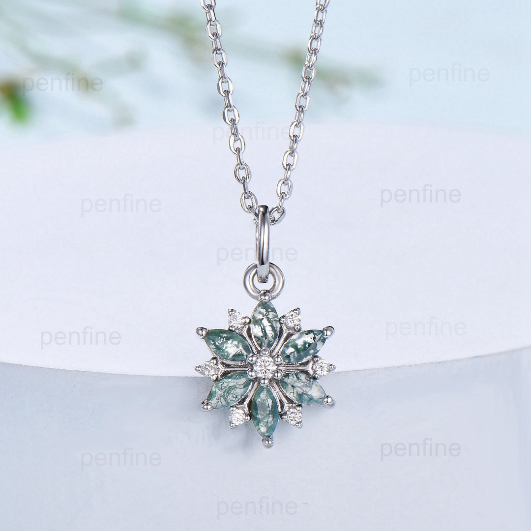 Vintage Snowflake Moss Agate Pendant Necklace, 14K Gold Floral Pendant ...