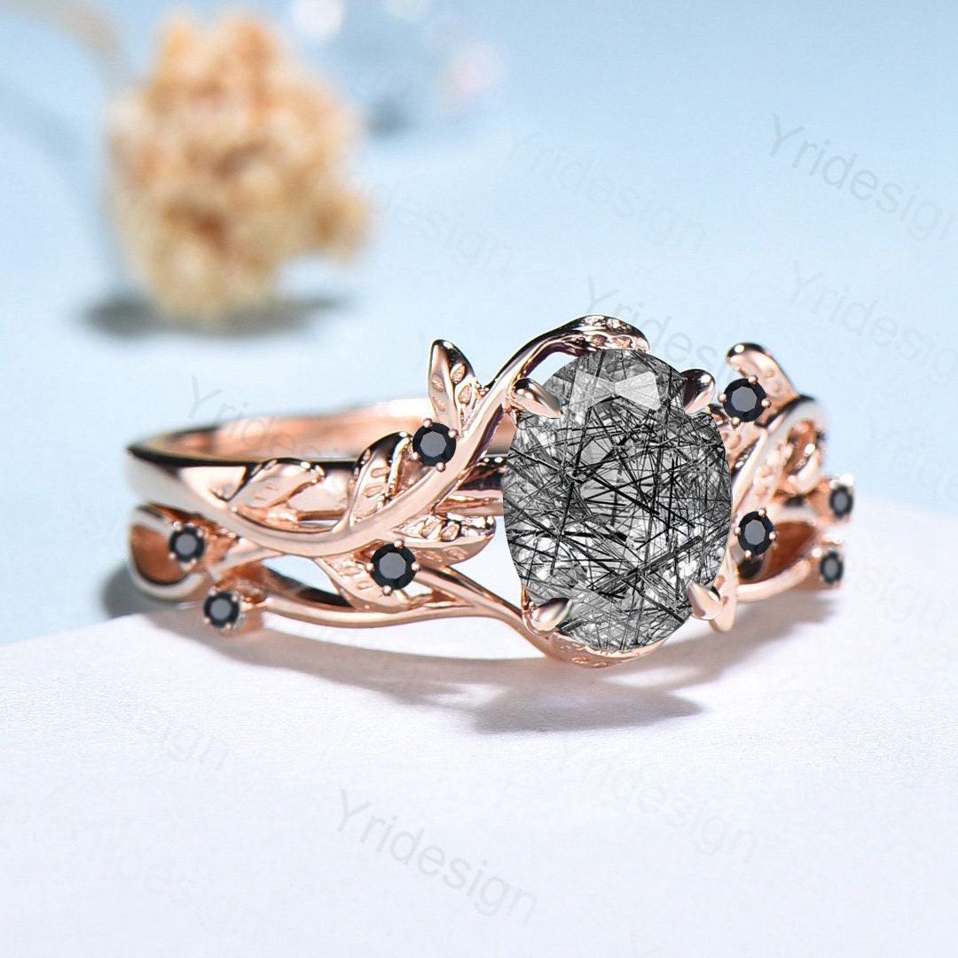 Natural Inspired Leaf Black Rutilated Quartz Ring Set Cluster Spinel ...
