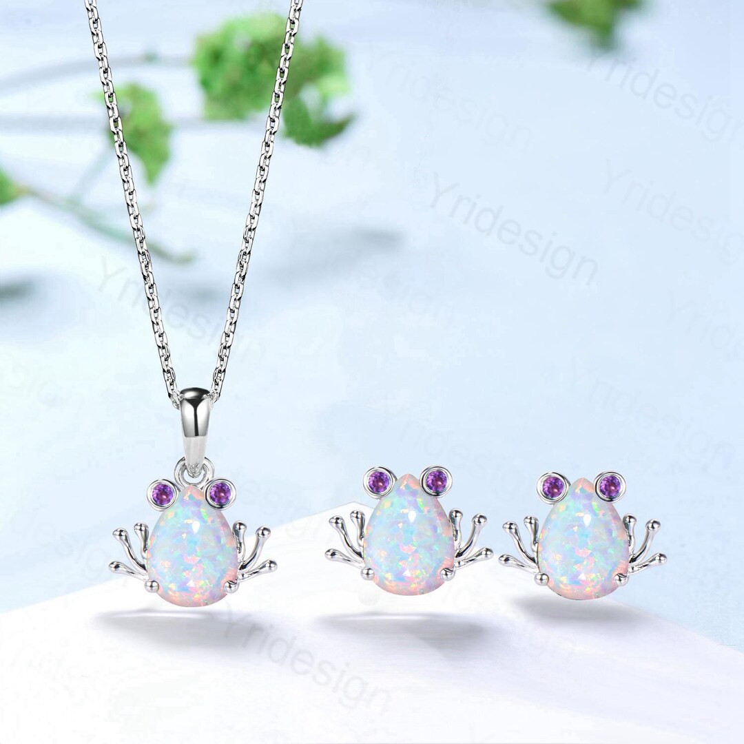 Unique Pear Shaped White Opal Frog Necklace Animal Inspired Frog Opal ...