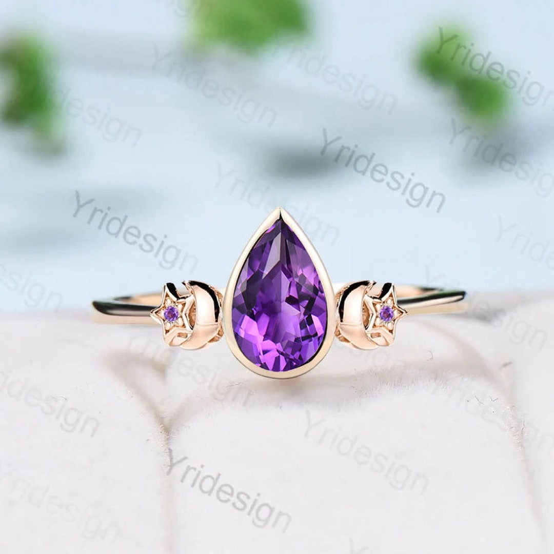Vintage Pear Shaped Amethyst Engagement Ring Unique Moon Star - Etsy