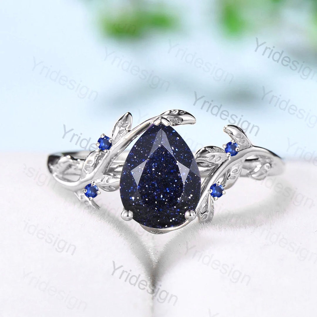 Elegant Blue Sandstone Ring 1.25CT Pear Shaped Vintage Galaxy White ...
