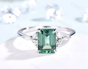 14K Green Sapphire Ring 1 Carat Emerald Cut Engagement Ring - Etsy