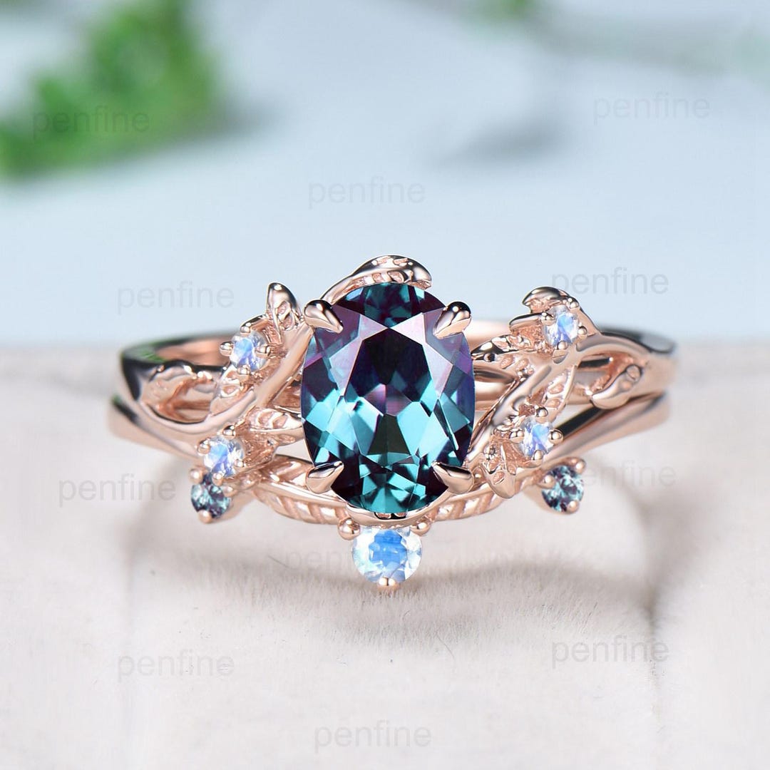 June Birthstone Wedding Ring Set Vintage Alexandrite Engagement Ring ...