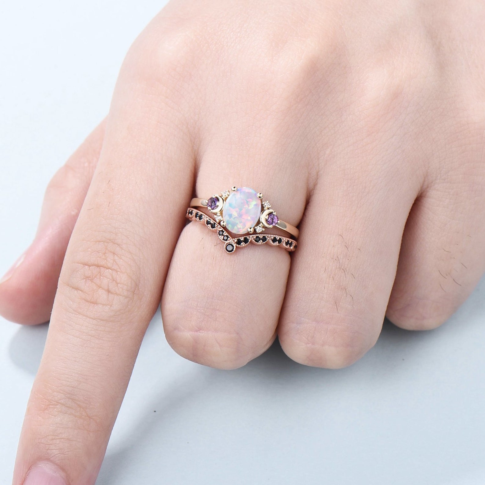 Vintage Moon Opal Engagement Ring Set Unique Celestial Moon - Etsy