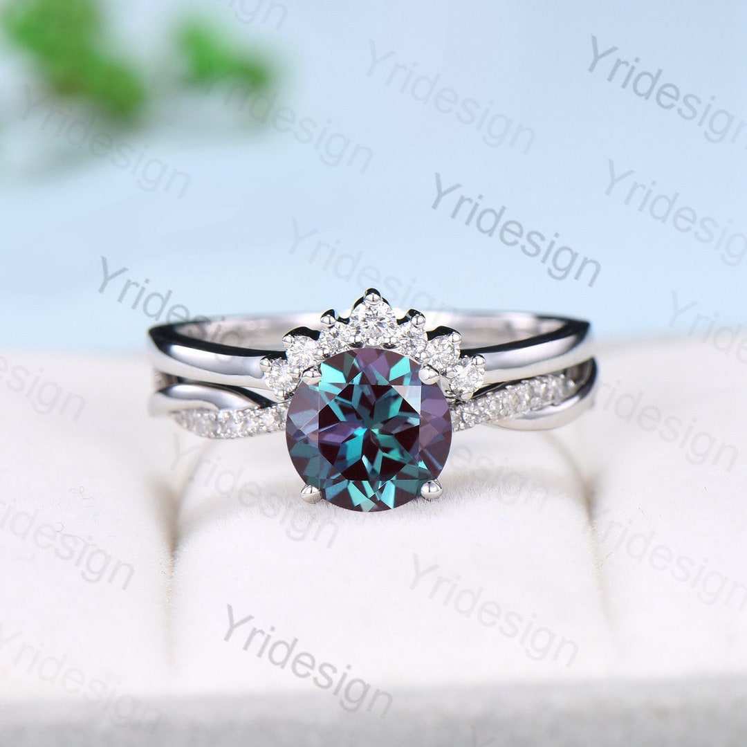Vintage Alexandrite Wedding Ring Set Women Twisted Band Engagement Ring ...