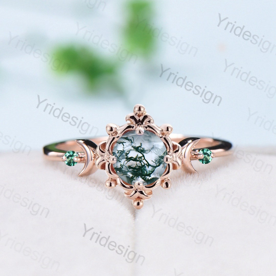 Vintage Crescent Moon Moss Agate Ring, Floral Emerald Wedding Ring - Etsy
