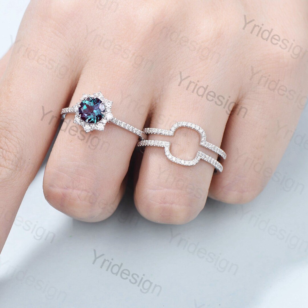 Double Halo Alexandrite Ring Set Vintage Unique Alexandrite - Etsy