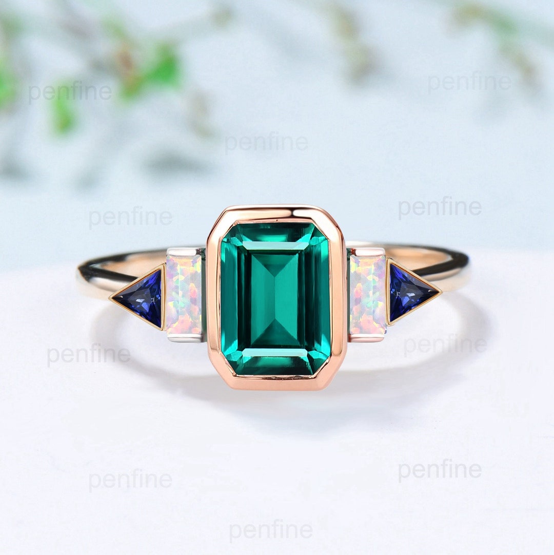 Unique Bezel Set Emerald Cut Emerald Engagement Ring Retro Baguette ...