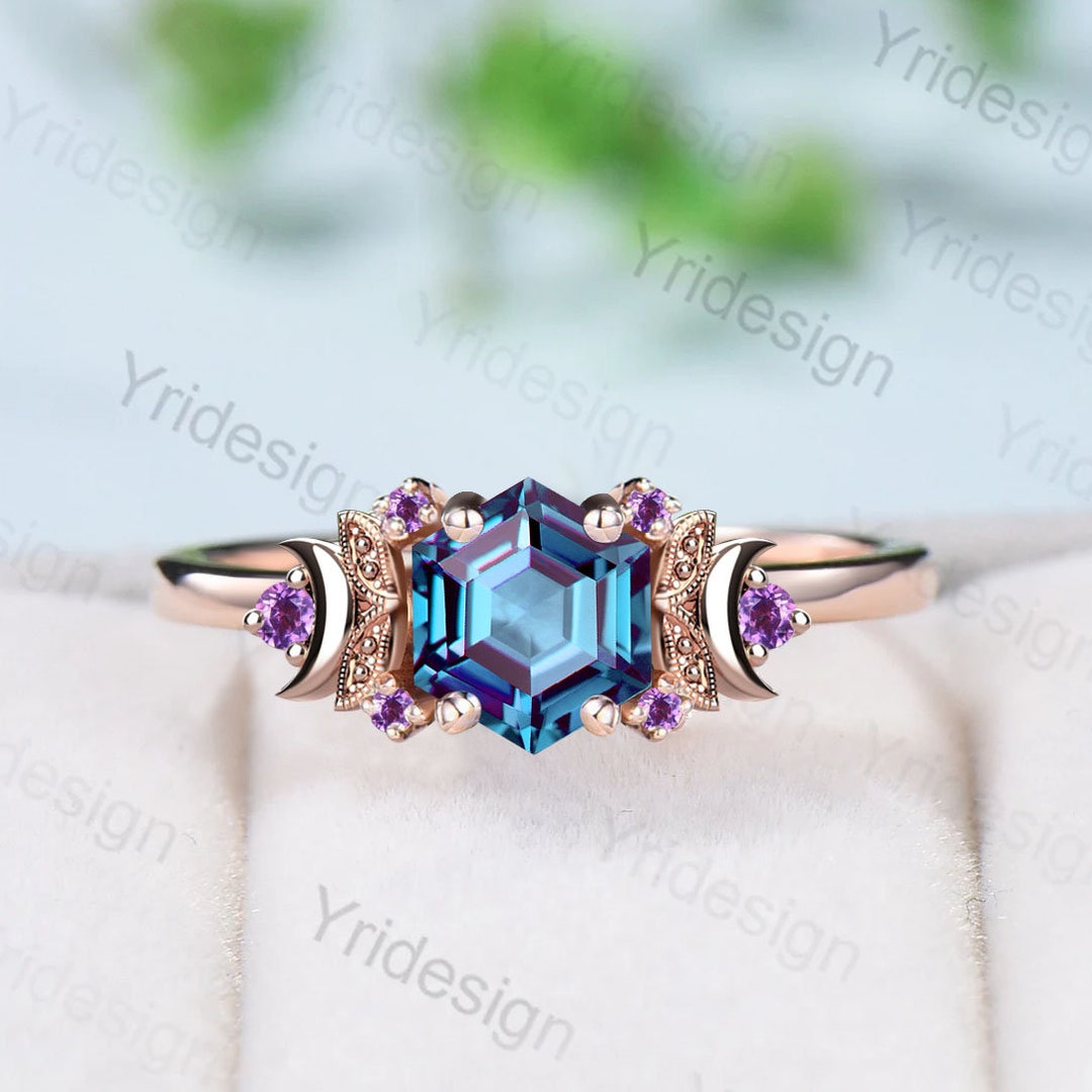 Moon Alexandrite Ring Vintage Hexagon Cut Alexandrite Engagement Ring ...