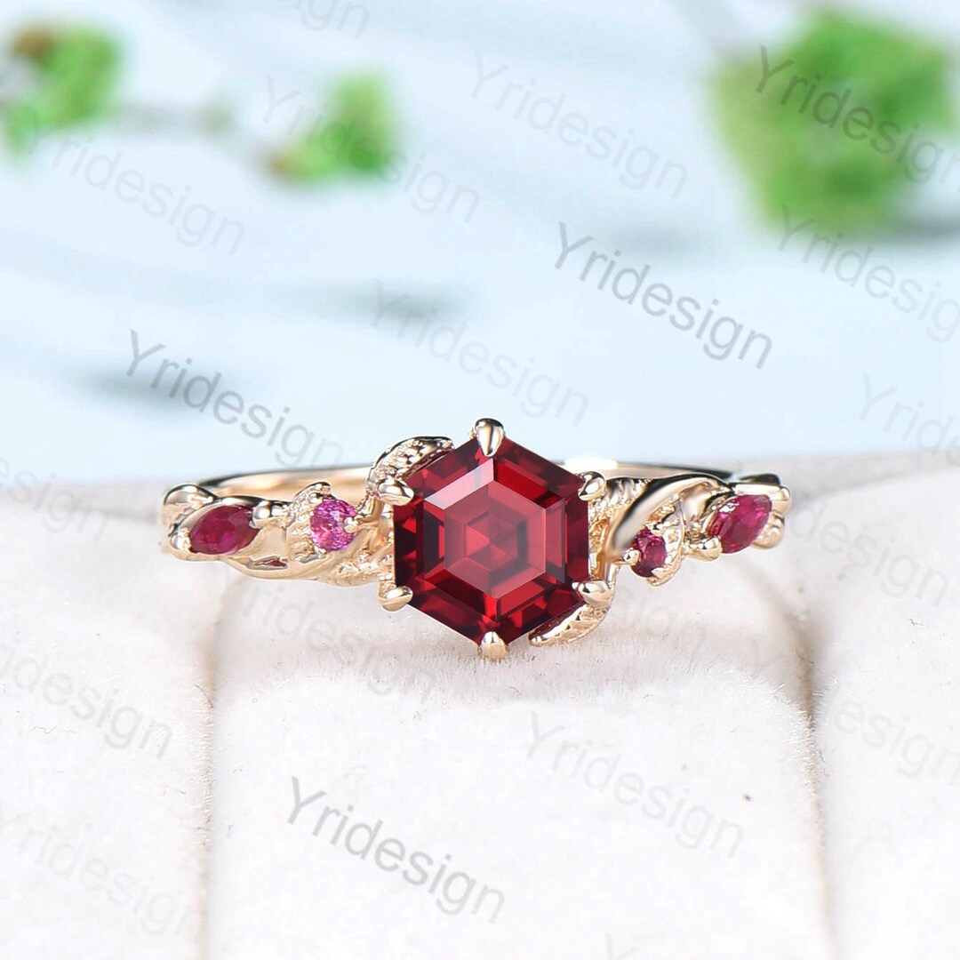 Vintage Red Ruby Ring Hexagon Cut Retro Leaf Engagement Ring 5 Stone ...