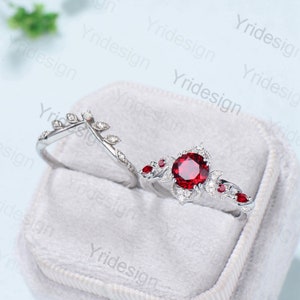 Vintage Red Ruby Engagement Ring Set Unique Leaves Nature Inspired Wedding Ring Rose Gold Art ...