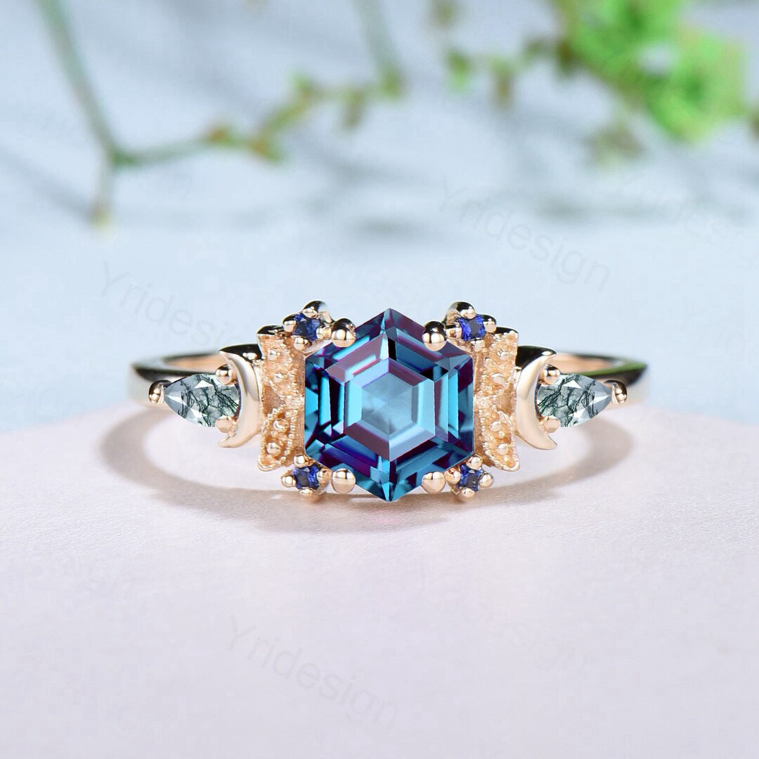 Vintage Moon Alexandrite Ring Rose Gold Unique Hexagon Cut Color Change ...