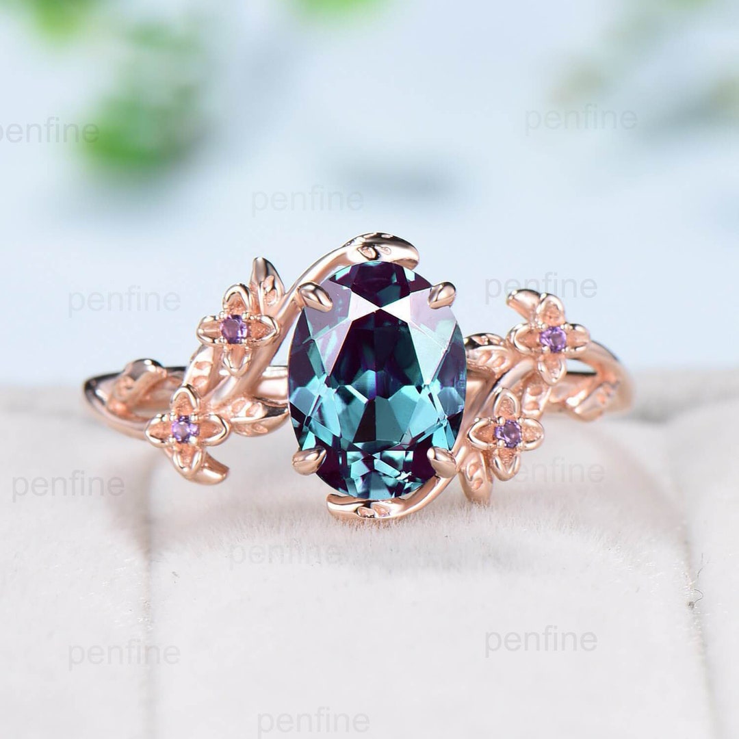Unique Alexandrite Ring Vintage Oval Floral Engagement Ring Nature ...